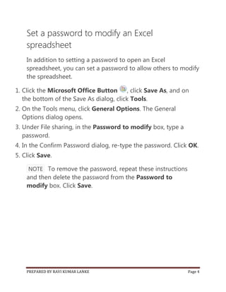 Set a password in an excel spreadsheet | PDF