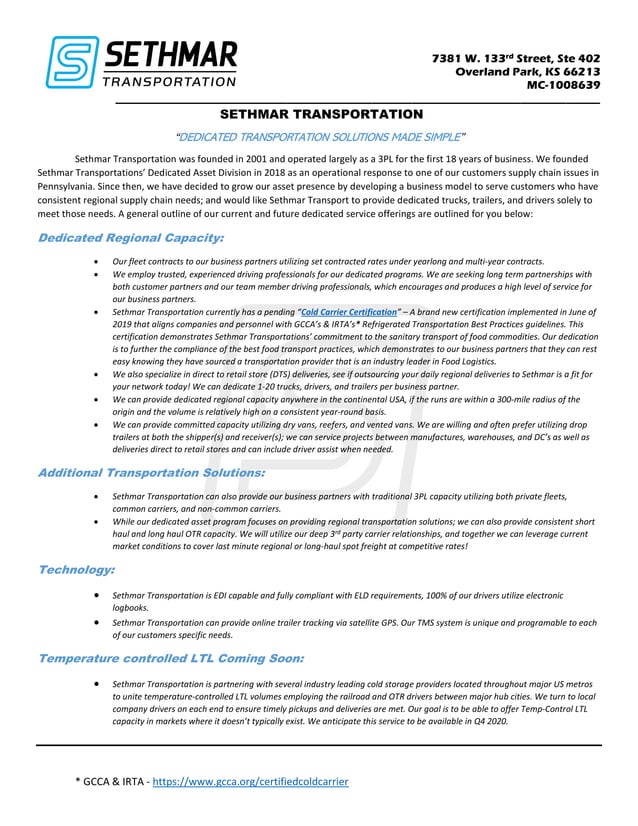Sethmar transportation- information sheet | PDF | Logistics and ...