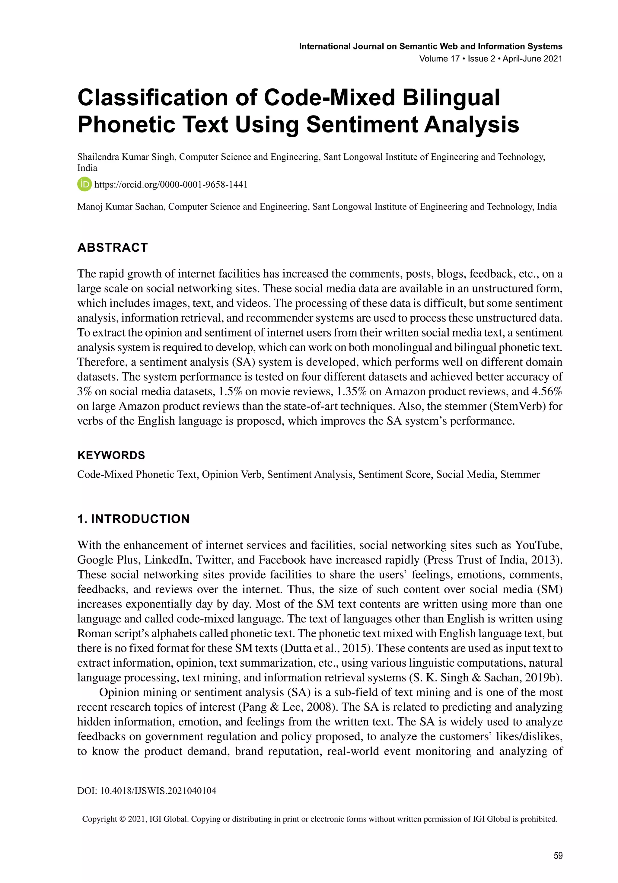Classification of Code-Mixed Bilingual Phonetic Text Using Sentiment Analysis | PDF