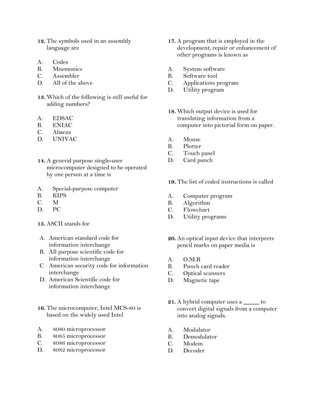 Computer Quiz MCQ's | DOCX | Computer Peripherals | Computing