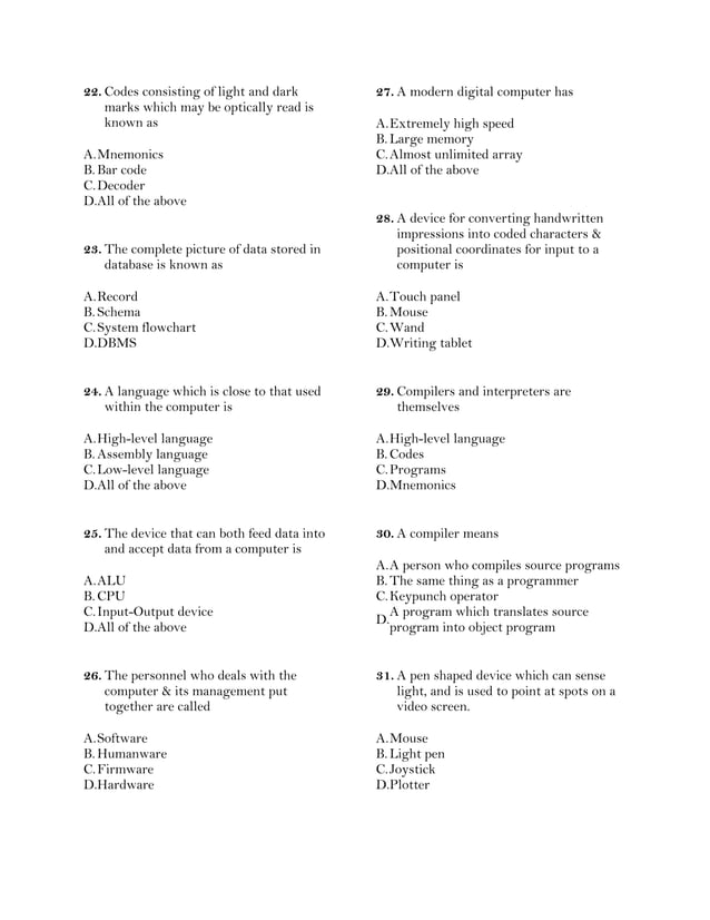 Computer Quiz MCQ's | DOCX | Computer Peripherals | Computing