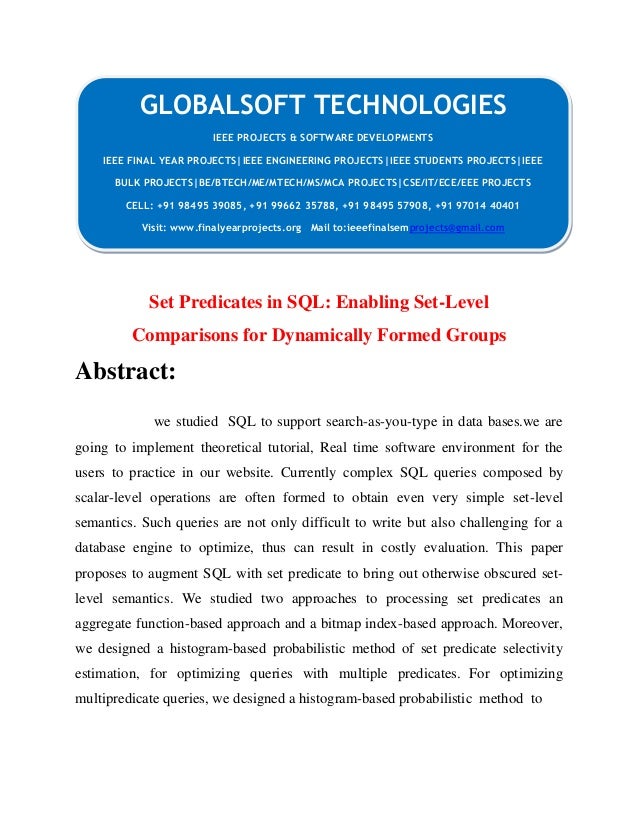 Ieee 2014 Dotnet Data Mining Projects Set Predicates In Sql Enabling Set Level Comparisons For