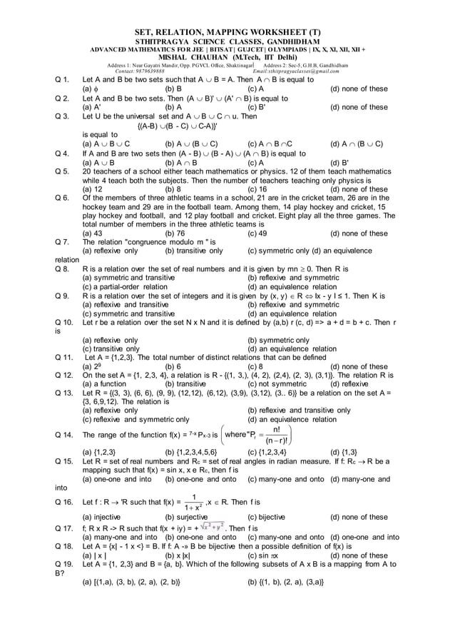 Set, relation, mapping (t) | DOCX | Educational Assessment | Education
