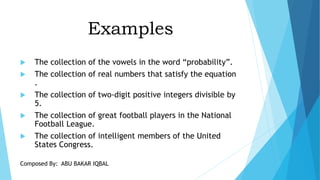 Sets in Mathimatics ,basic definitions and examples | PPT