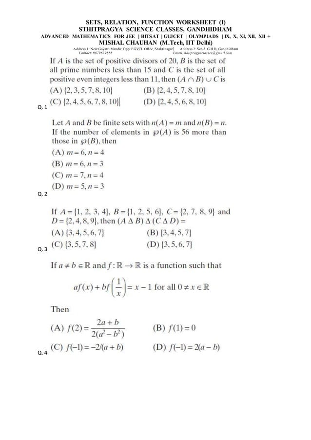 Sets, relation, function worksheet (i) | PDF