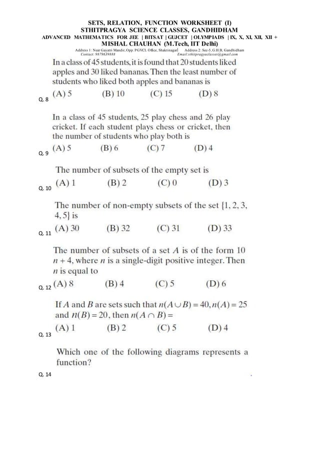 Sets, relation, function worksheet (i) | PDF