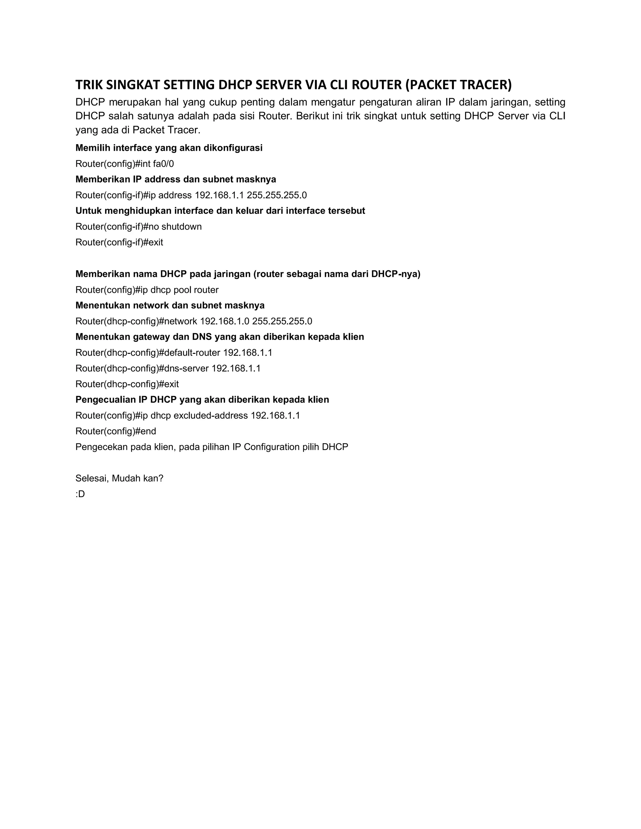 Setting DHCP Server via cli Cisco Packet Tracer | PDF