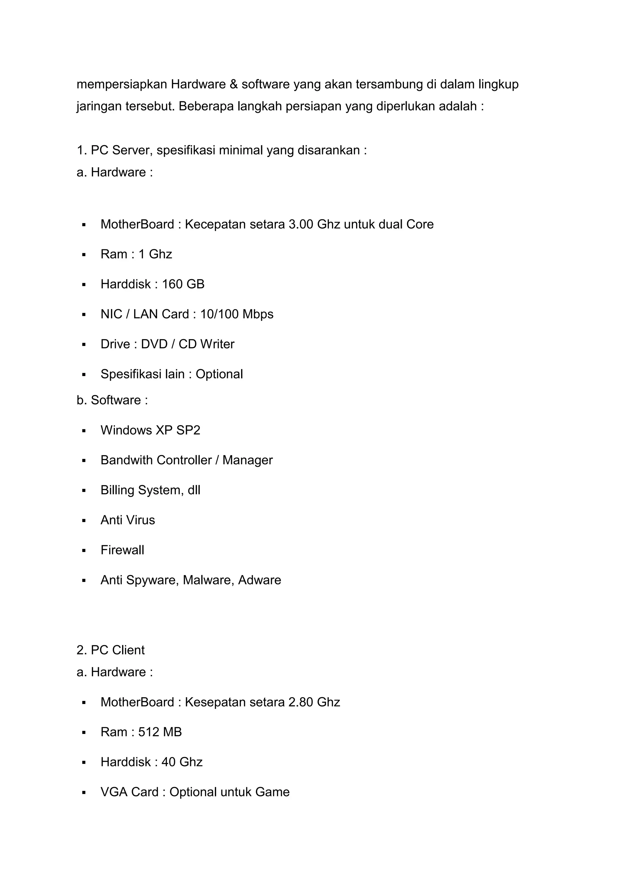 Setting instalasi jaringan warnet | DOCX