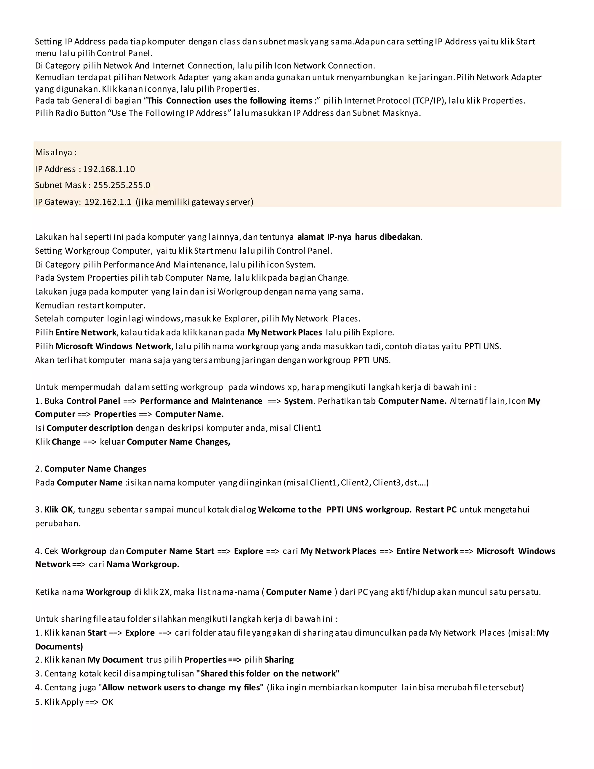 Setting ip address pada tiap komputer dengan class dan subnet mask yang sama | DOCX