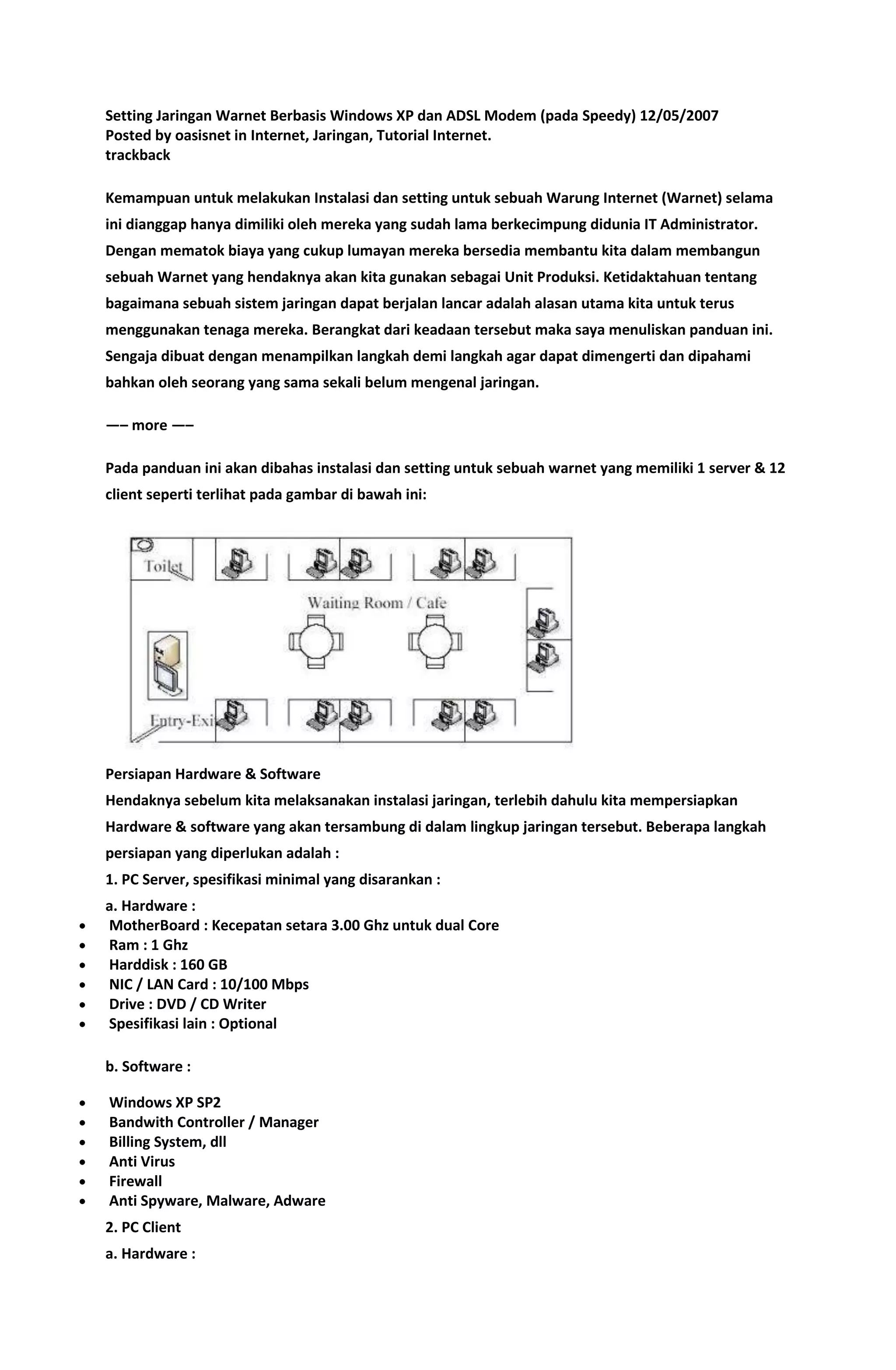 Setting jaringan warnet berbasis windows xp dan adsl modem | DOCX