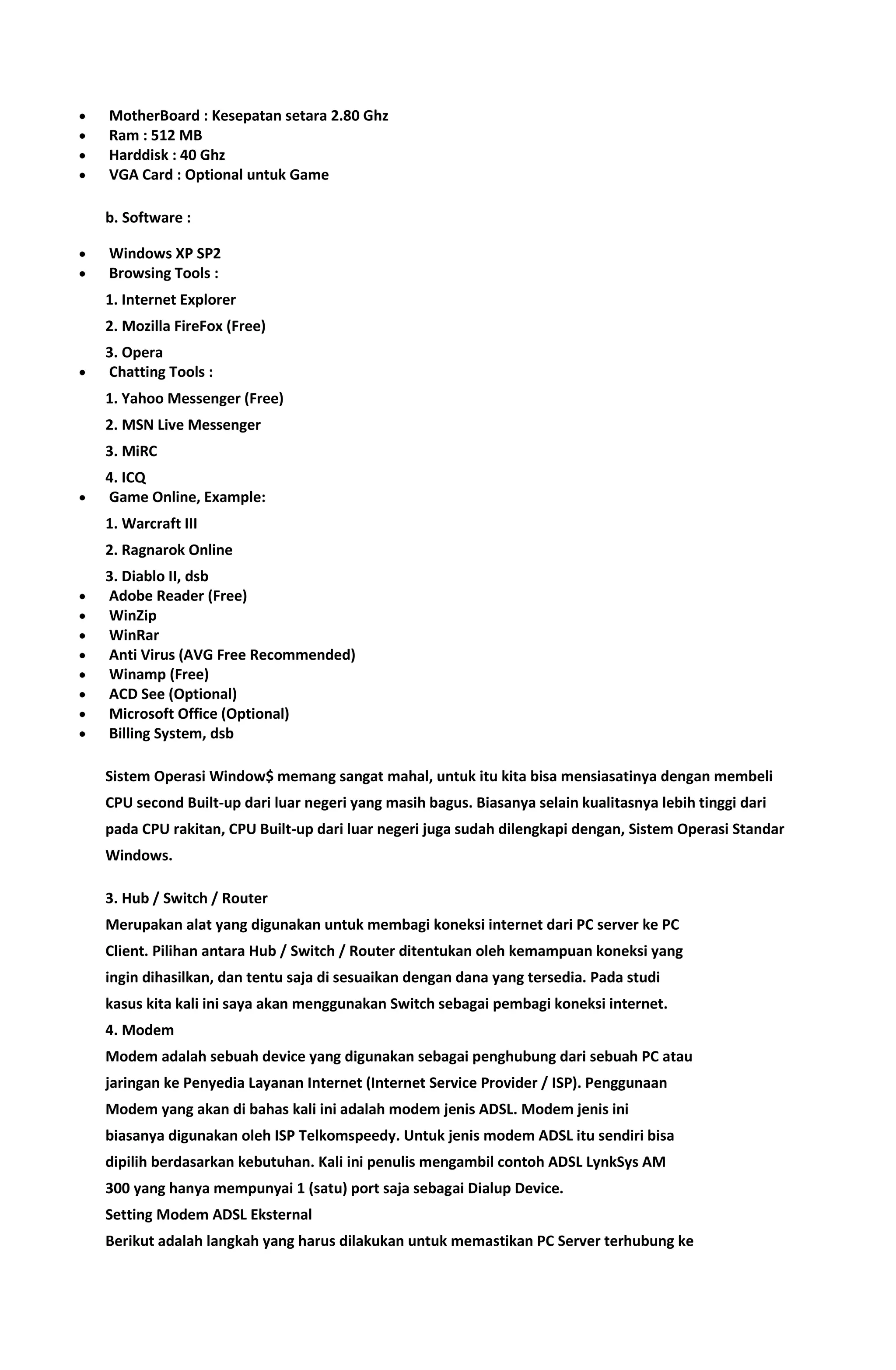 Setting jaringan warnet berbasis windows xp dan adsl modem | DOCX