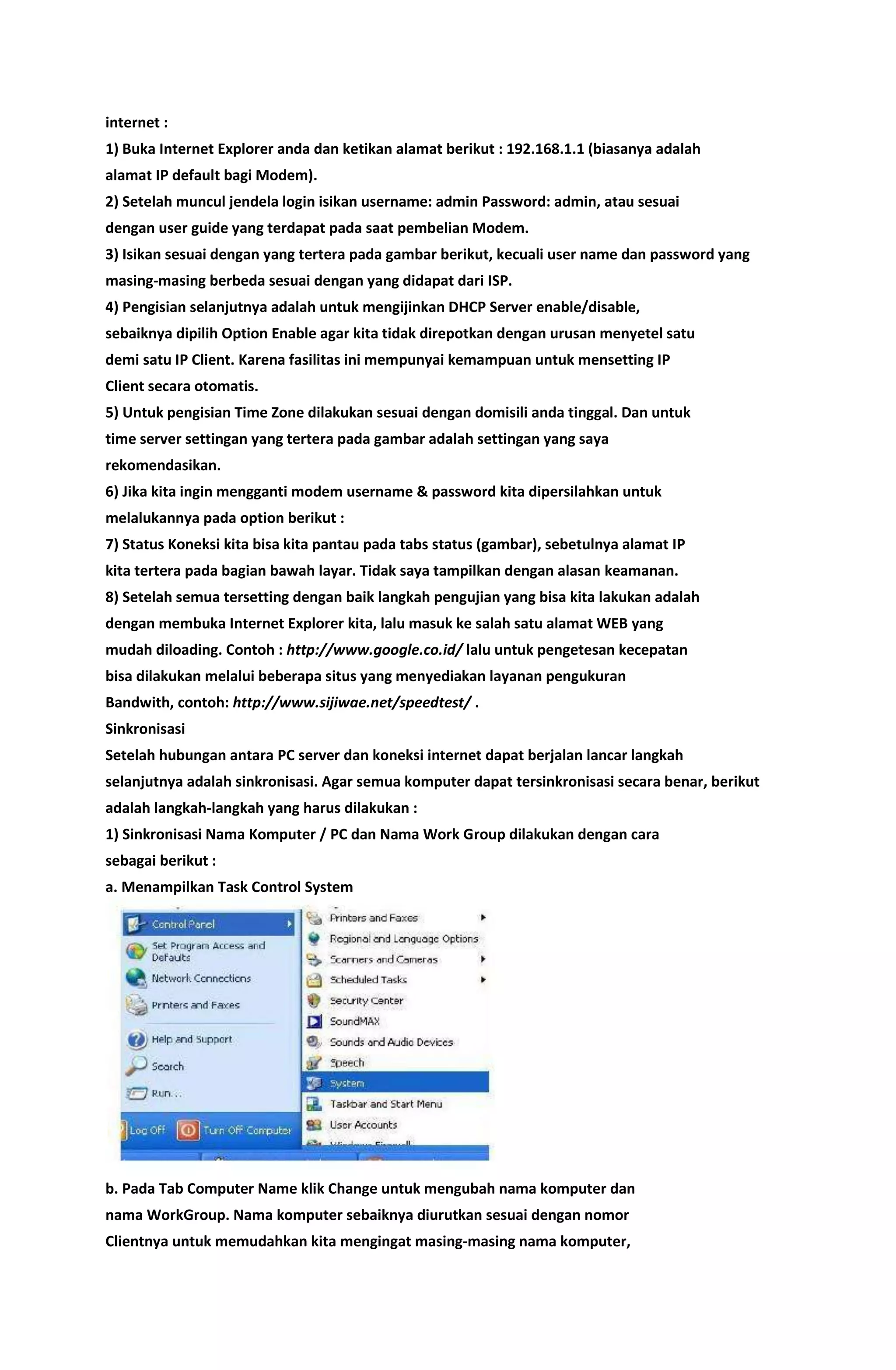 Setting jaringan warnet berbasis windows xp dan adsl modem | DOCX