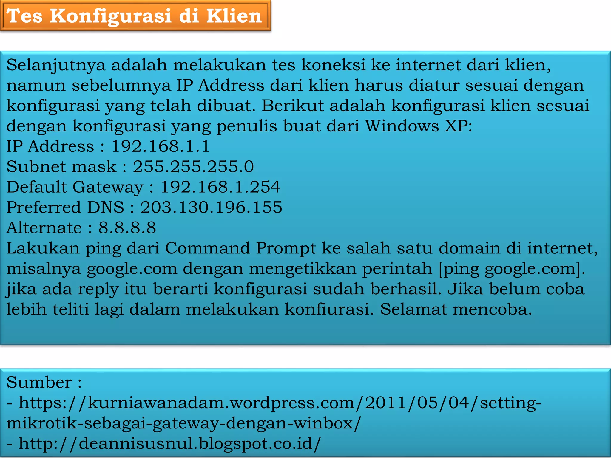 Setting mikrotik sebagai gateway dengan winbox | PPTX