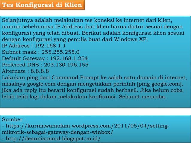 Setting mikrotik sebagai gateway dengan winbox | PPT