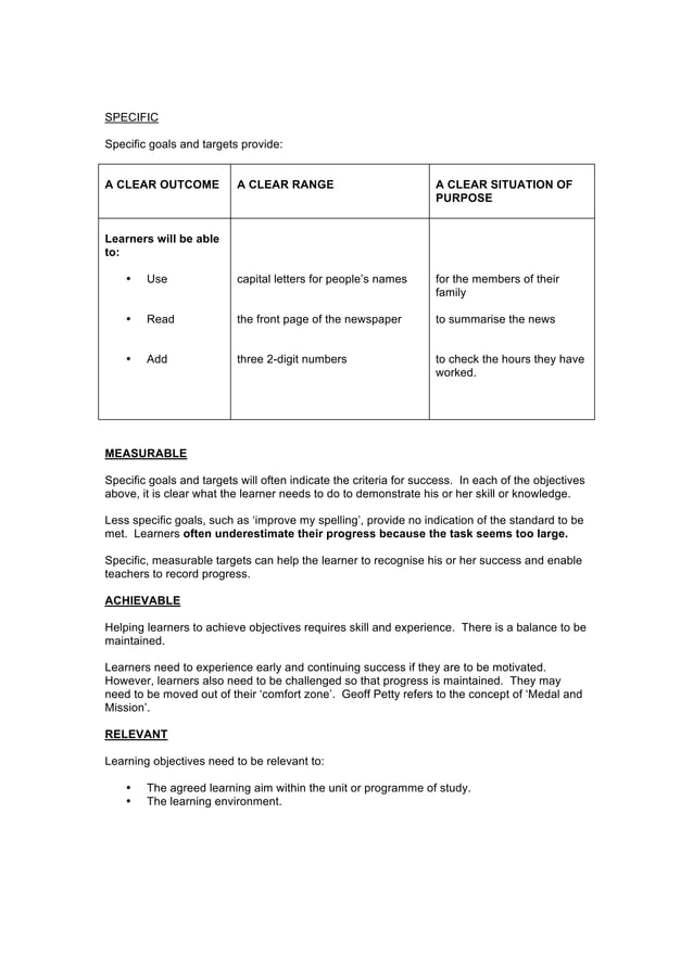 Setting smart objectives help sheet | PDF