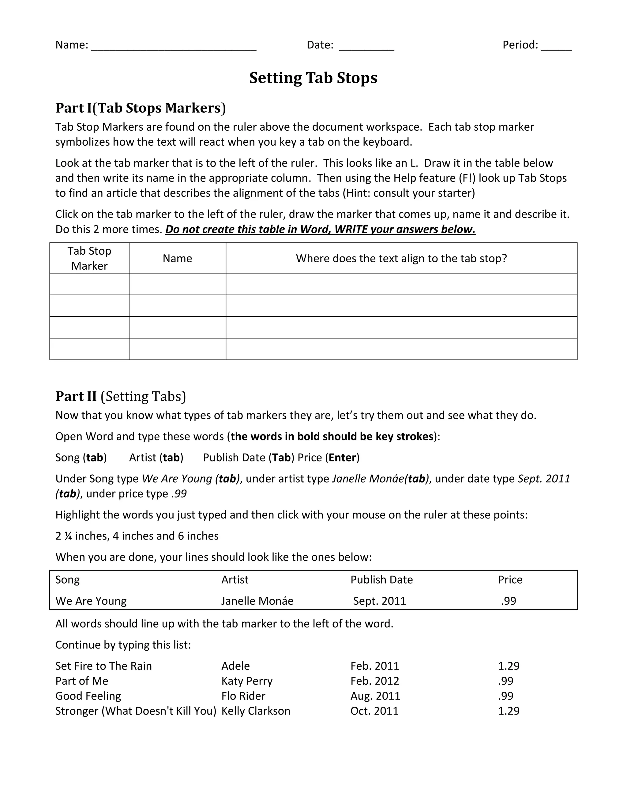 Setting tab stops worksheet | DOCX