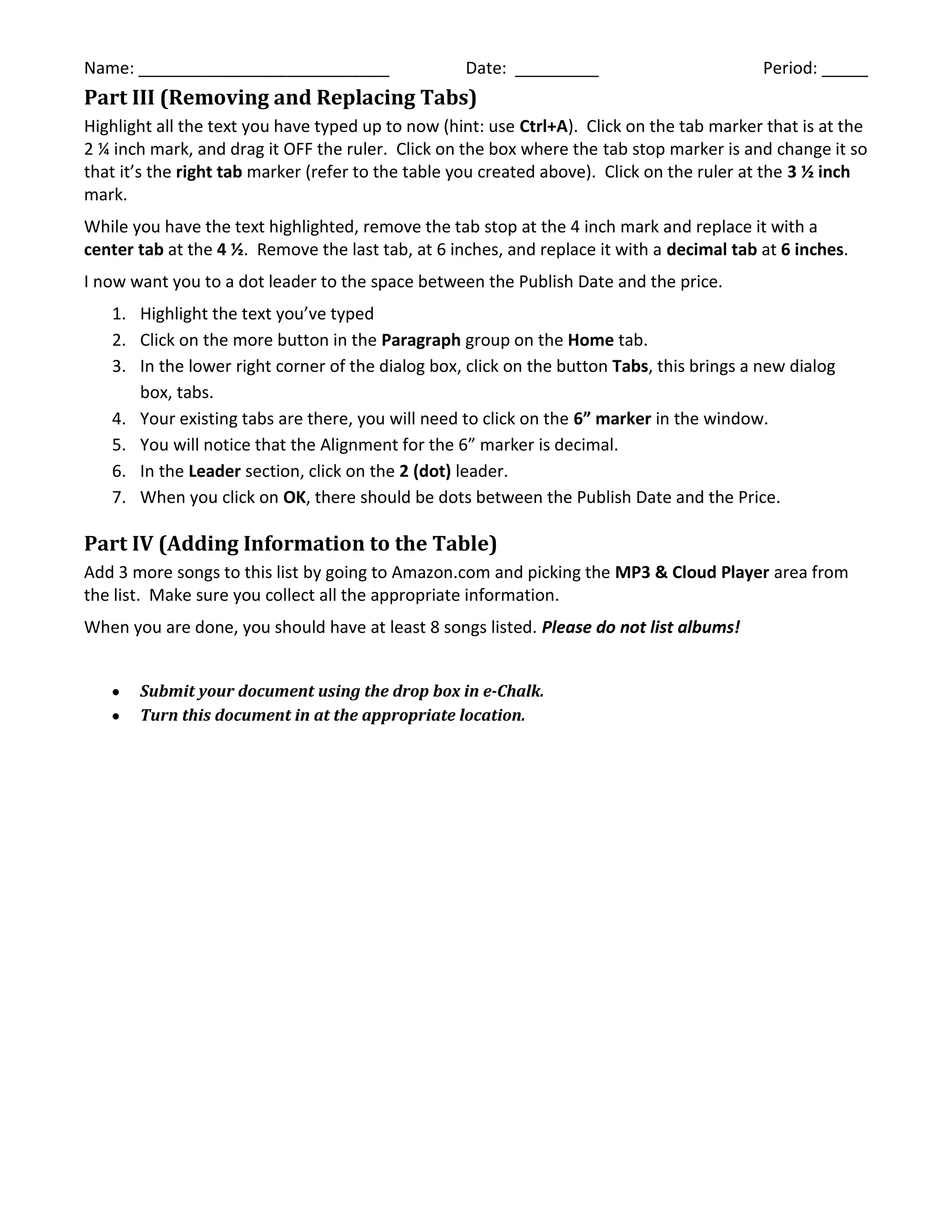 Setting Tab Stops Worksheet Docx Desktop Publishing Computer
