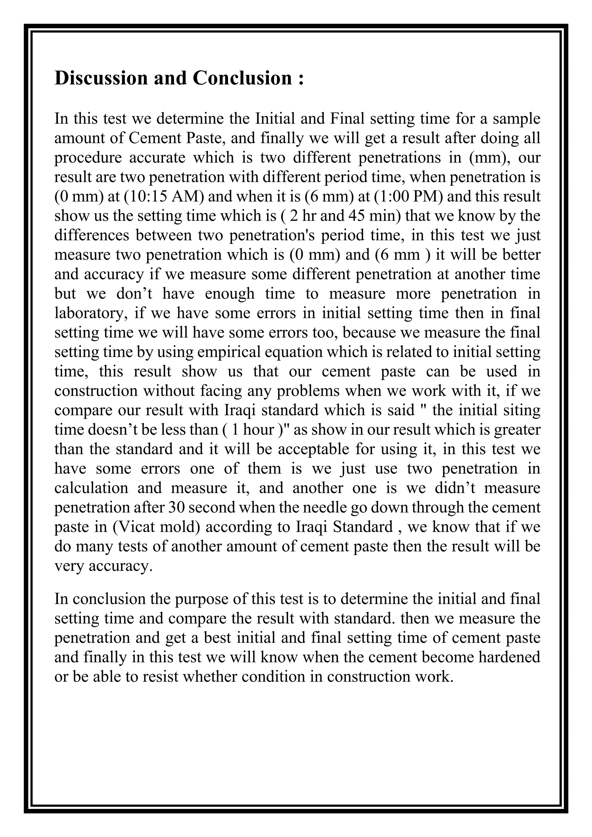 Setting Time of Hydraulic Cement By Vicat Needle | Jameel Academy | PDF