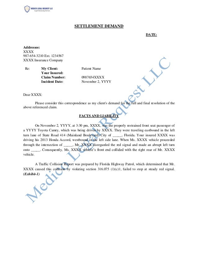 Settlement Demand Letter Sample - Medico Legal Request LLC | PDF