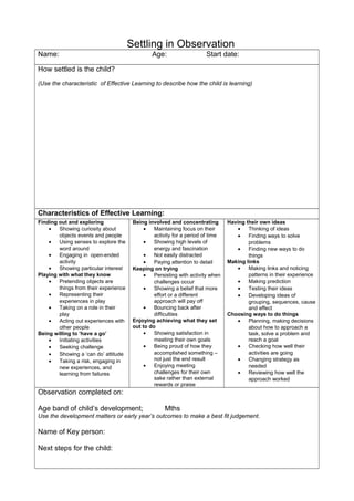 Settling in observation sheet | DOC