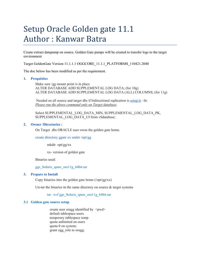 Setup oracle golden gate 11g replication | PDF