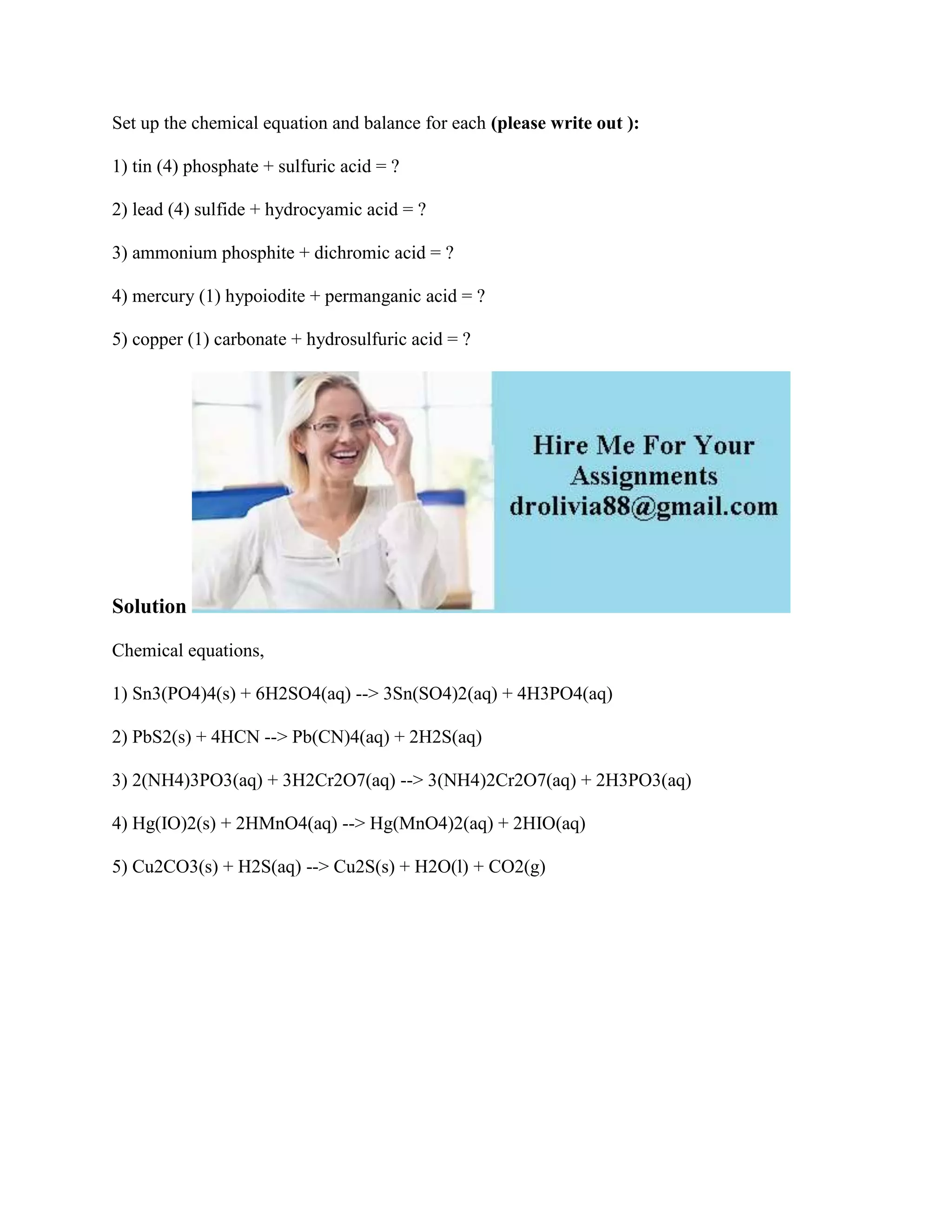 Set up the chemical equation and balance for each (please write out )-.docx