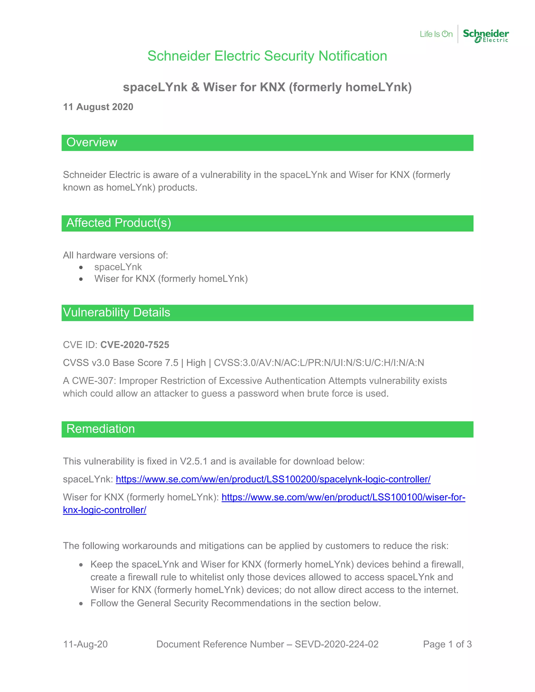Schneider Electric Security Notification - spaceLYnk & Wiser for KNX ...