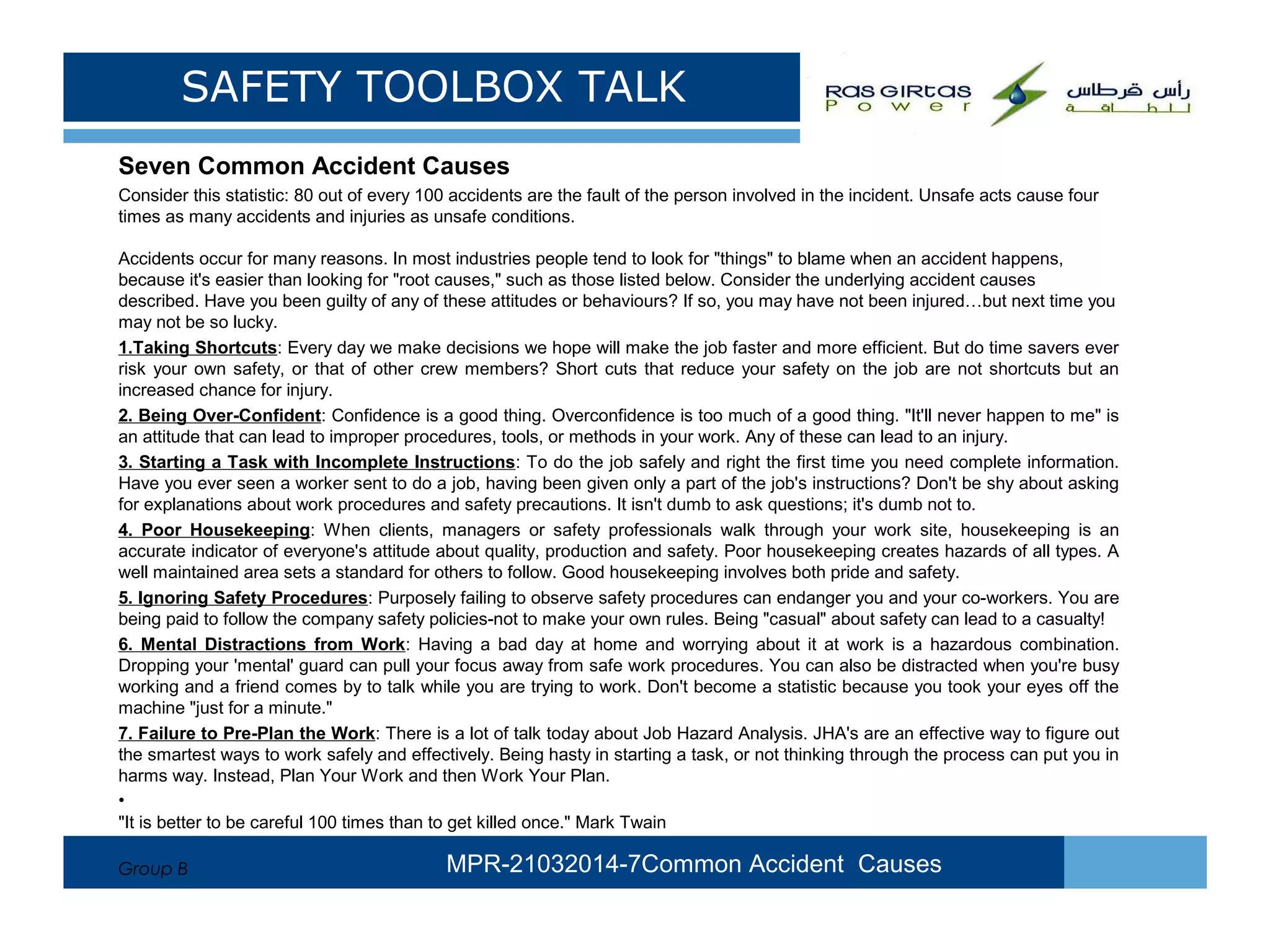 SAFETY TOOLBOX TALK: Seven Common Accident Causes | PPT