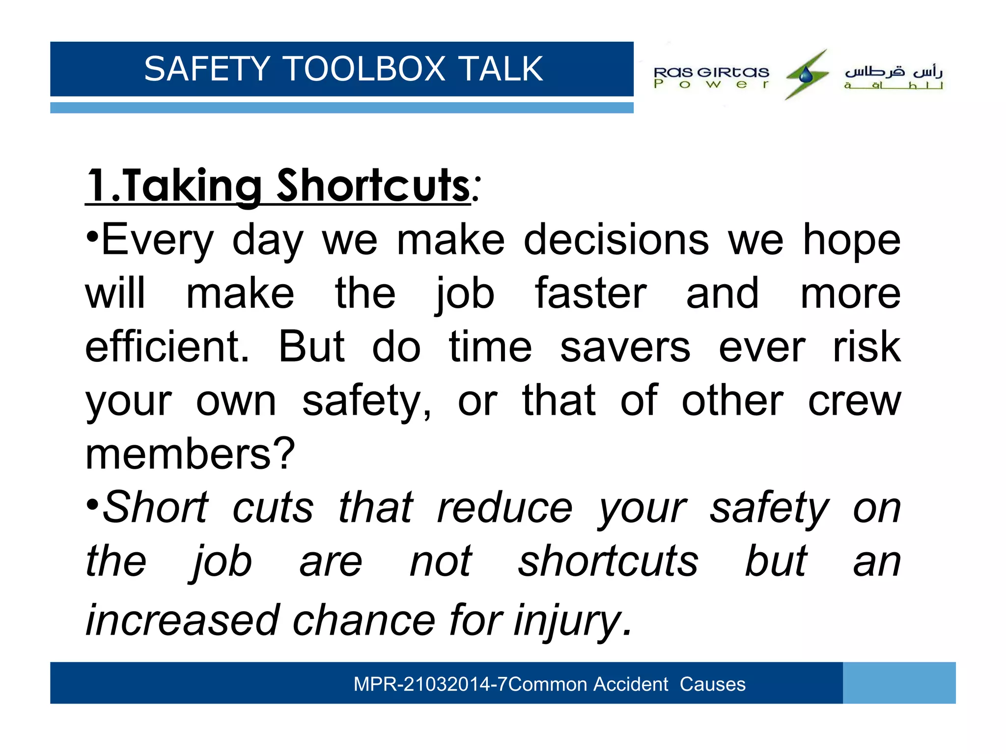 SAFETY TOOLBOX TALK: Seven Common Accident Causes | PPT