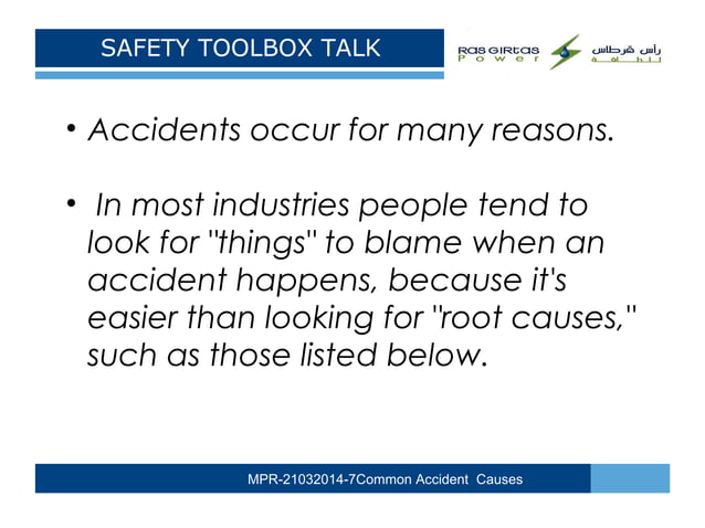 SAFETY TOOLBOX TALK: Seven Common Accident Causes | PPT | First Aid ...