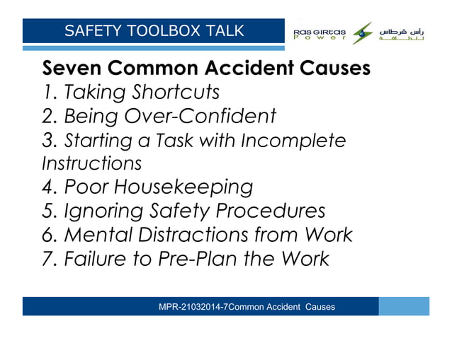 SAFETY TOOLBOX TALK: Seven Common Accident Causes