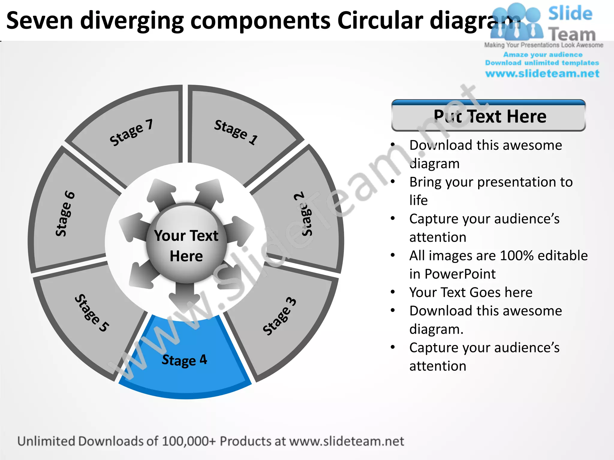 Seven diverging components circular diagram flow arrow chart power point slides | PDF