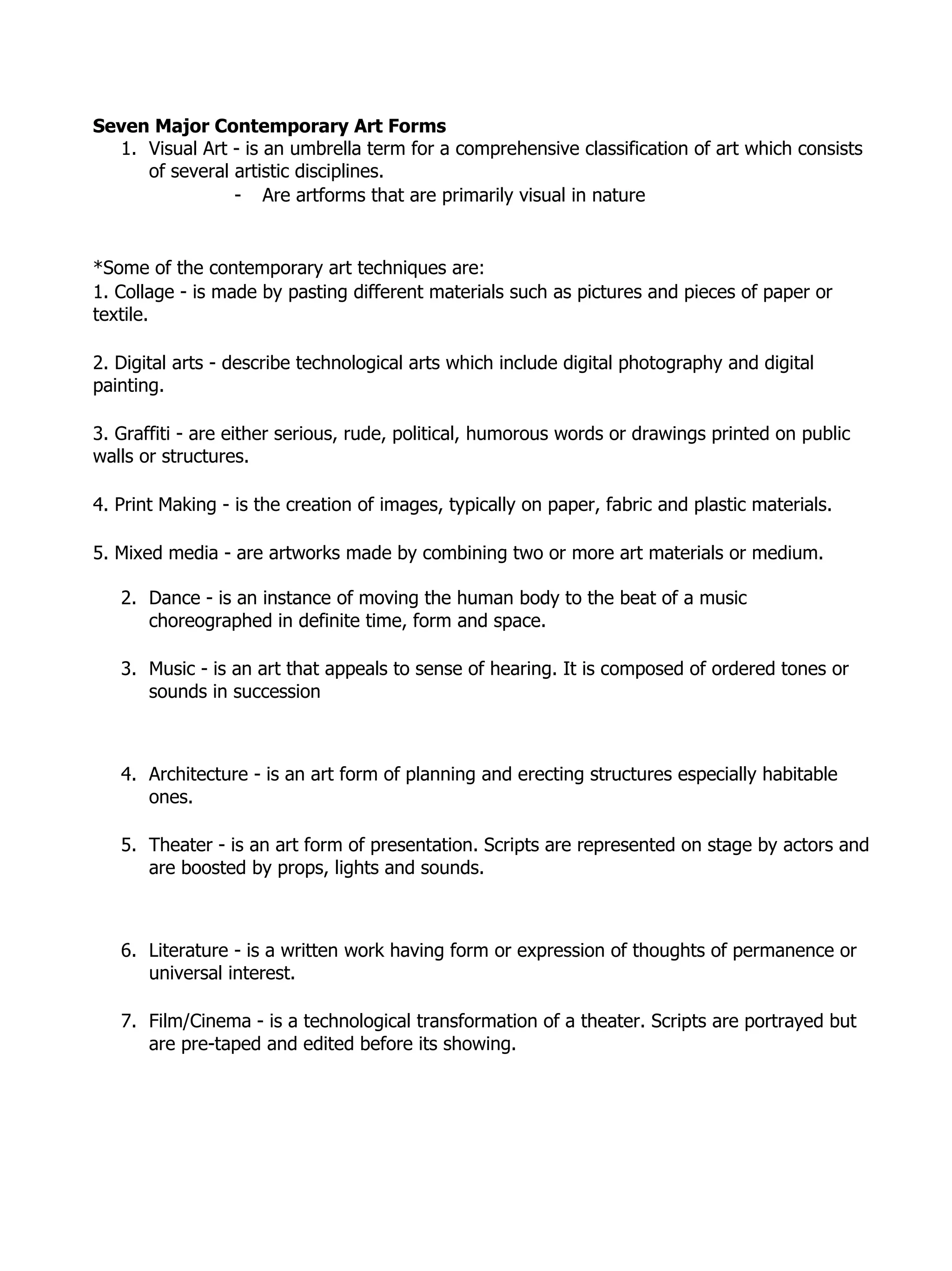 Seven Major Contemporary Art Forms.docx | Modern Art | Fine Art