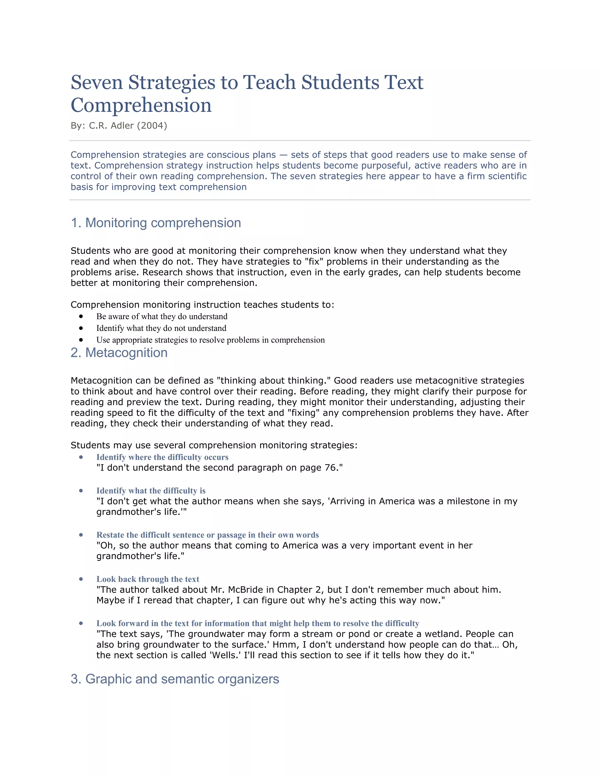 Seven strategies to teach students text comprehension | DOCX