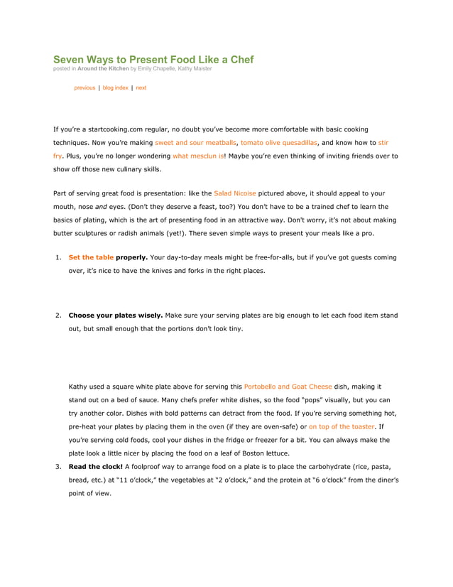 Seven ways to present food like a chef | DOCX | Healthy Cooking and ...