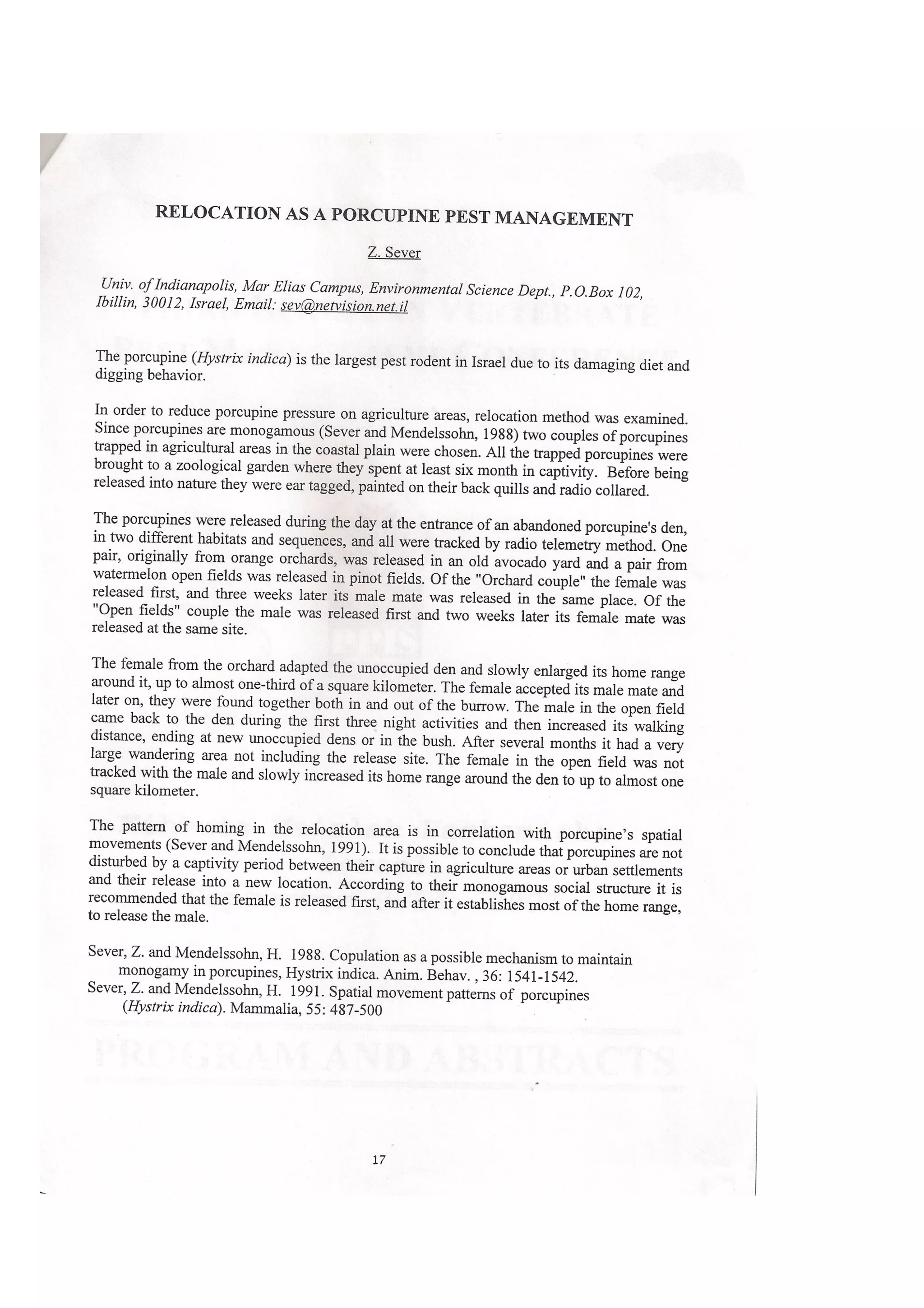 Sever-Relocation as a porcupine pest management-2001 | PDF