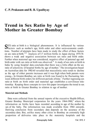 Trends in Masculinity Ratio by Mothers age-Trends in Greater Bombay | PDF