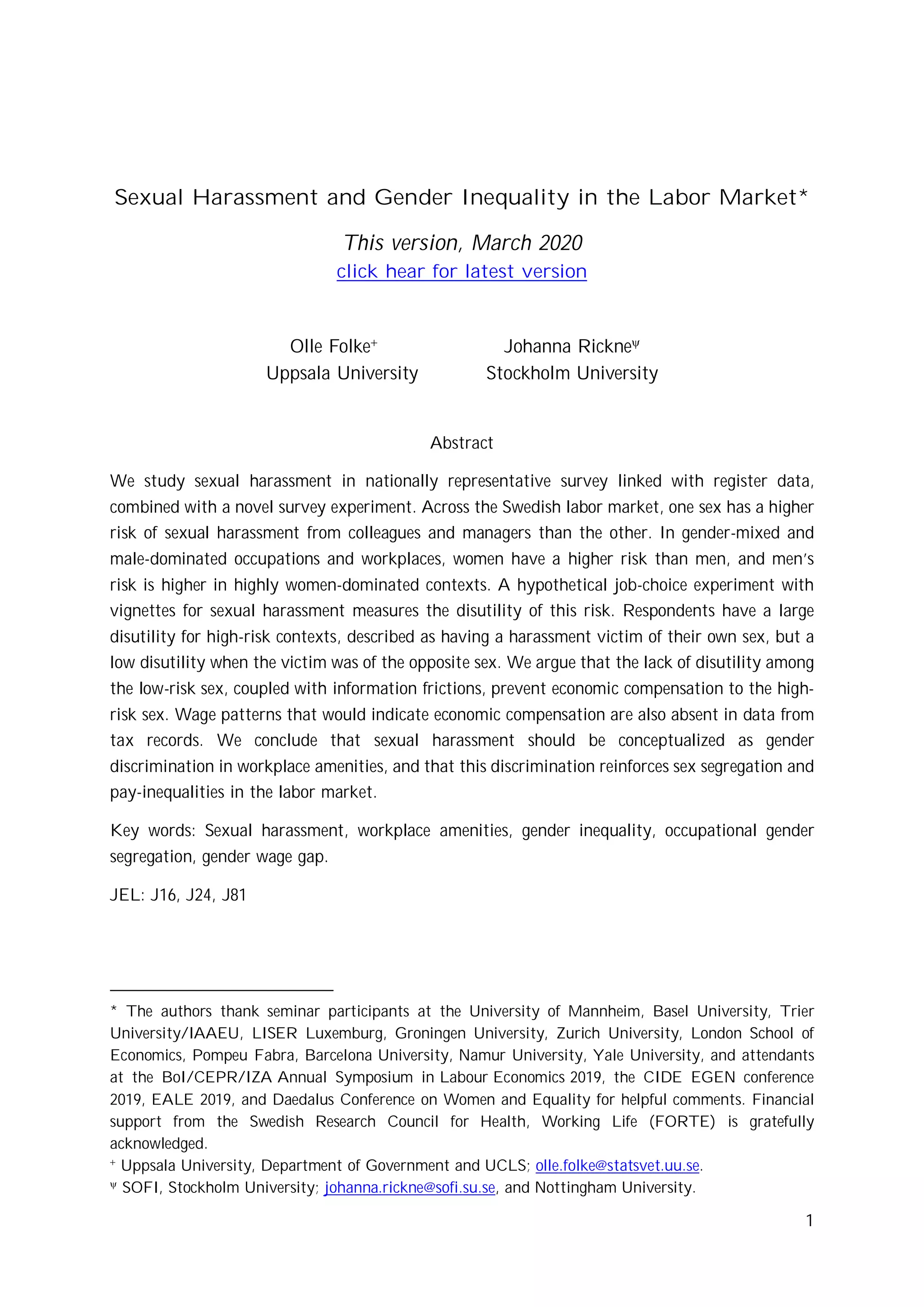 Sexual harassment and gender inequality in the labor market | PDF