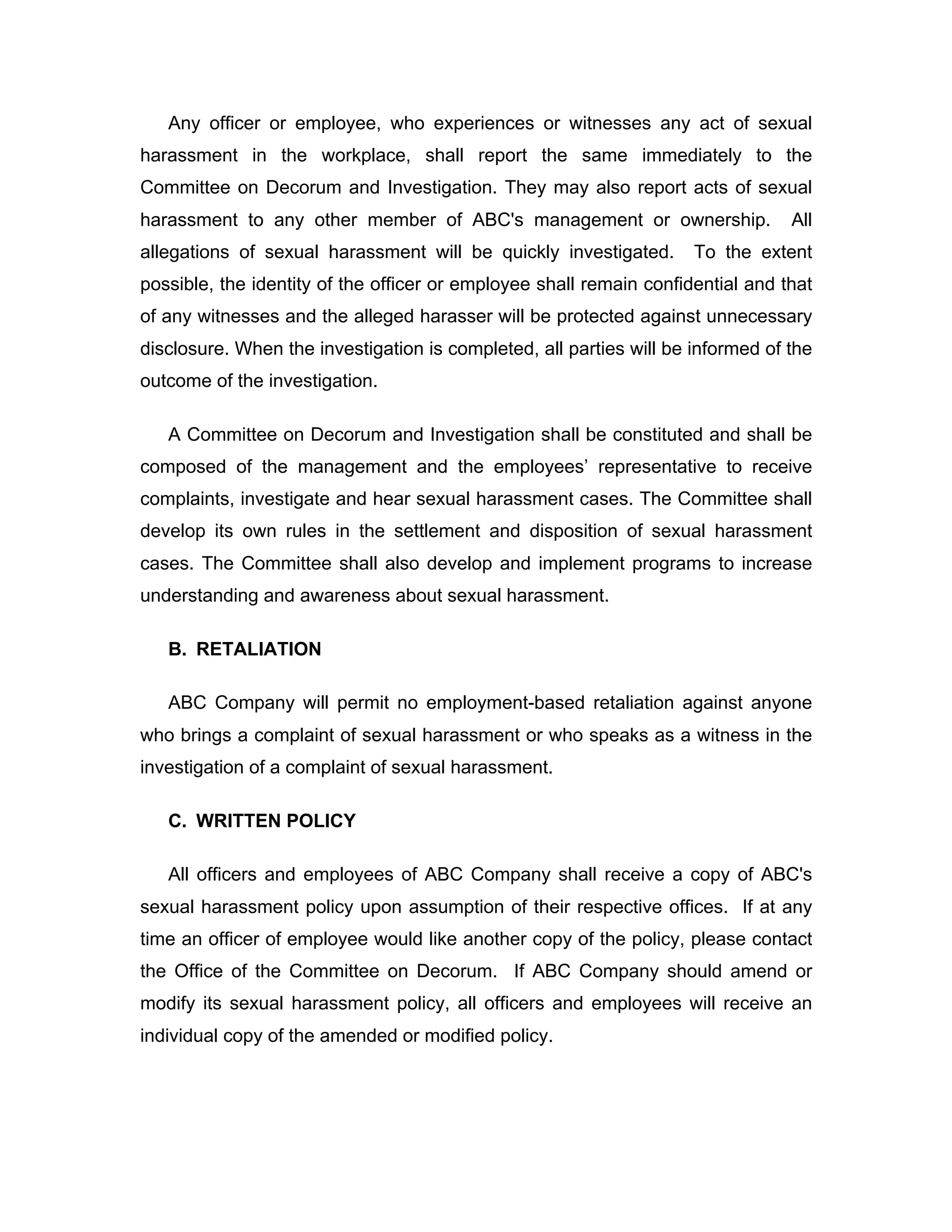Sexual Harassment Company Policy Form | PDF