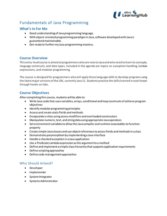 Sf ibf outline fundamentals of java programming | PDF