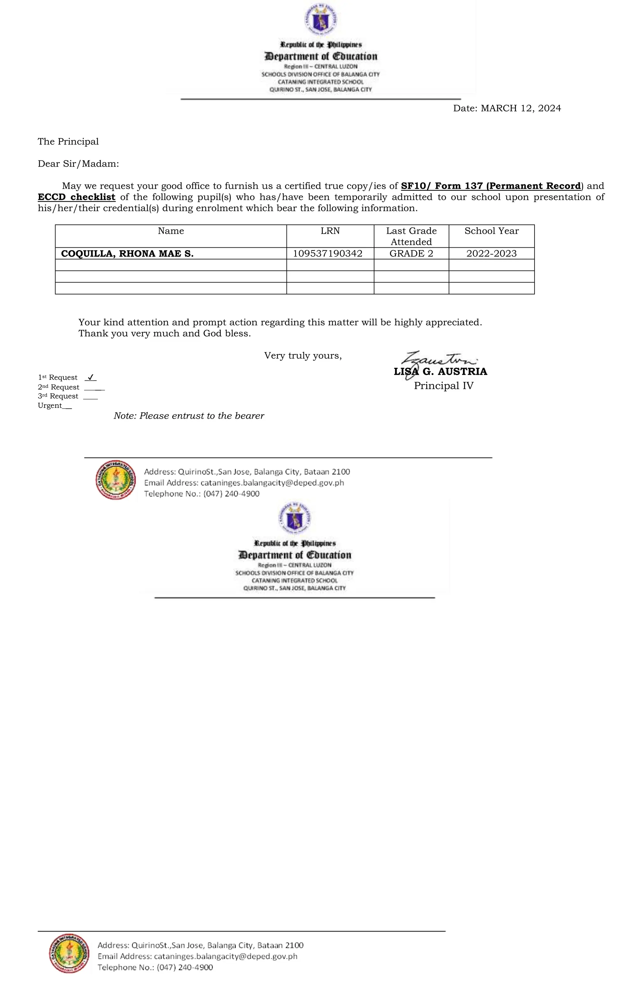 SF10 REQUEST example of request letter in sf10 | DOCX