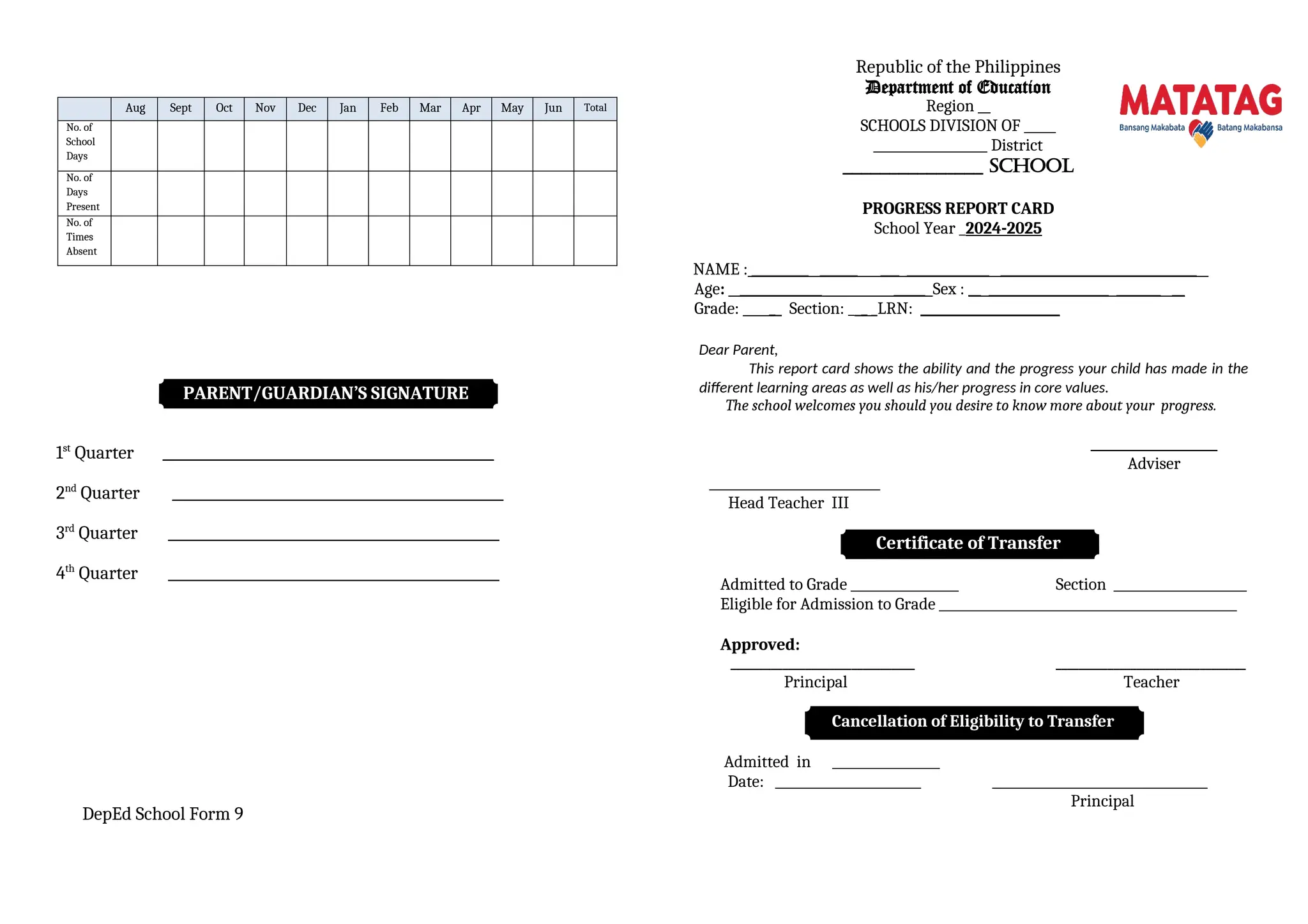 SF9 Card Grade I Sample Template 2025-2026 | DOCX