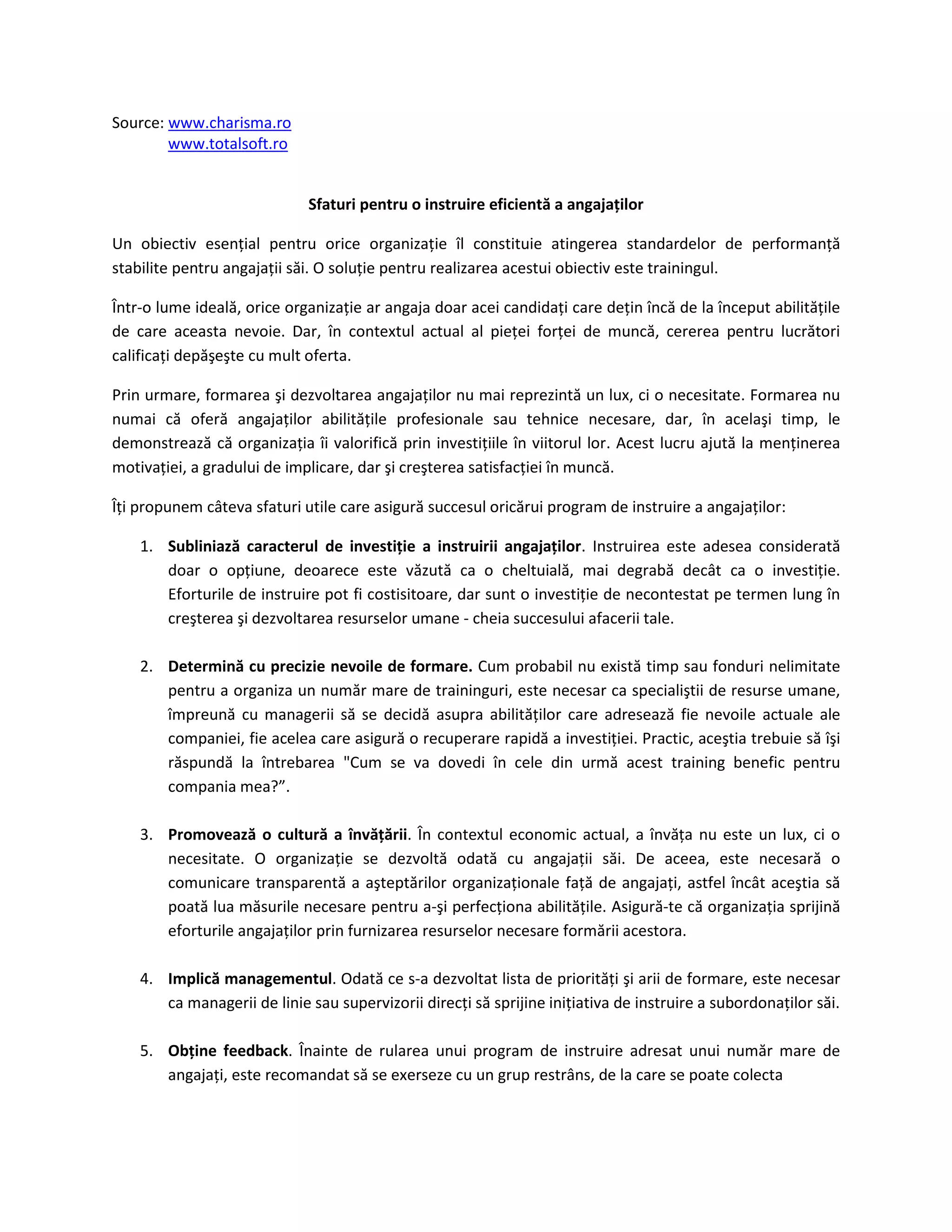 Sfaturi pentru o instruire eficienta a angajatilor | DOCX