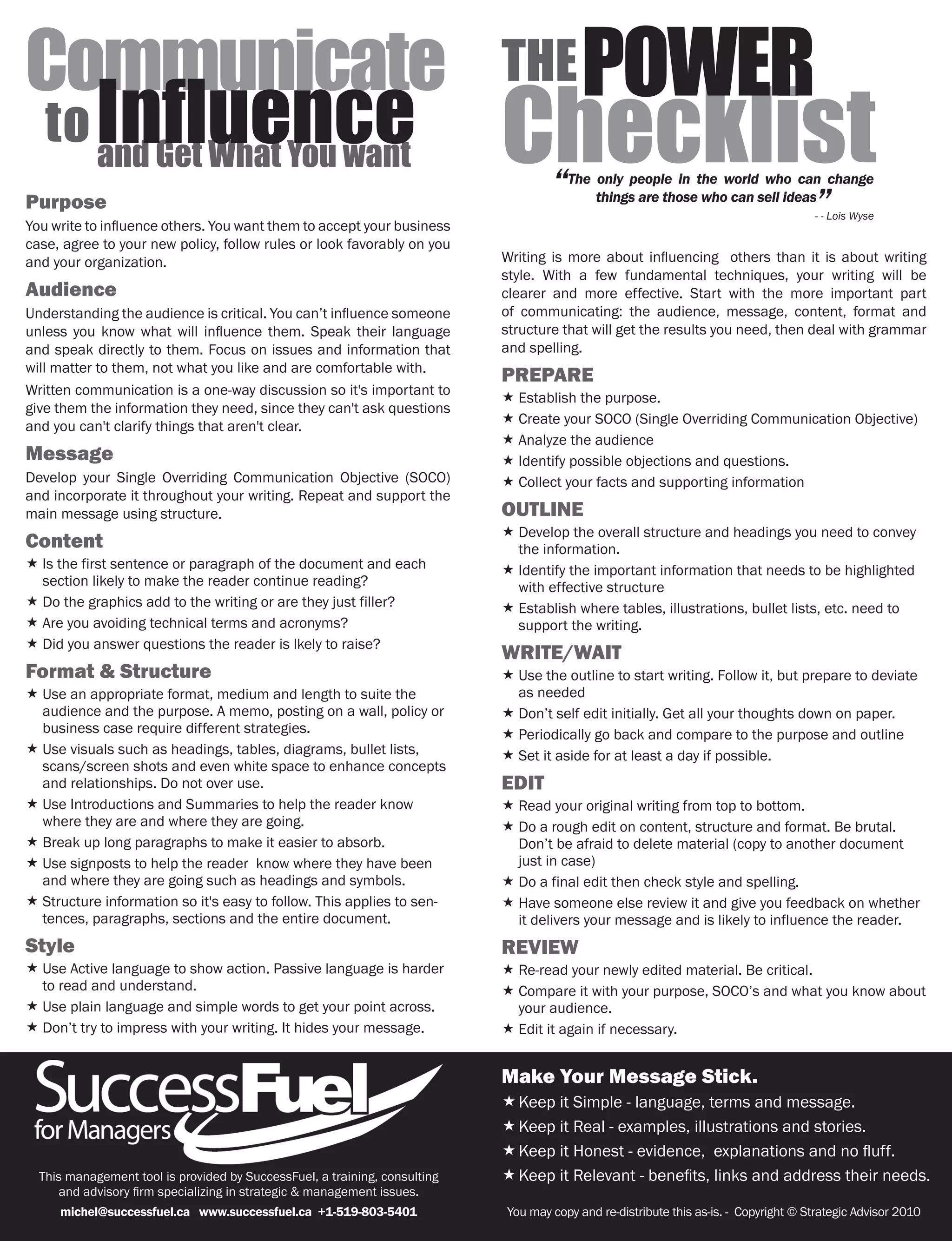 Communicate To Influence - The Power Checklist | PDF