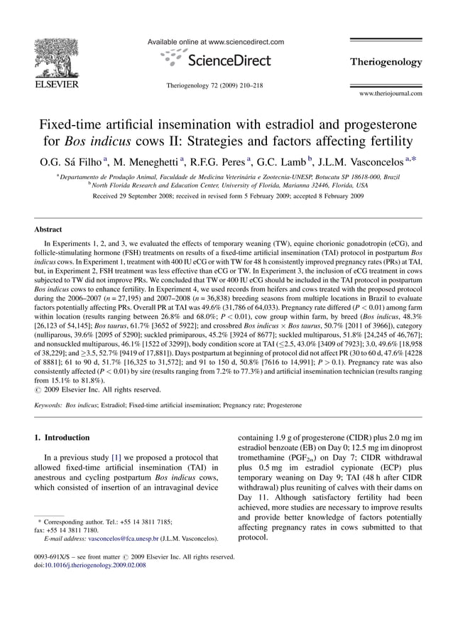 Sá Filho: Fixed-time artificial insemination with estradiol and progesterone for Bos indicus ...