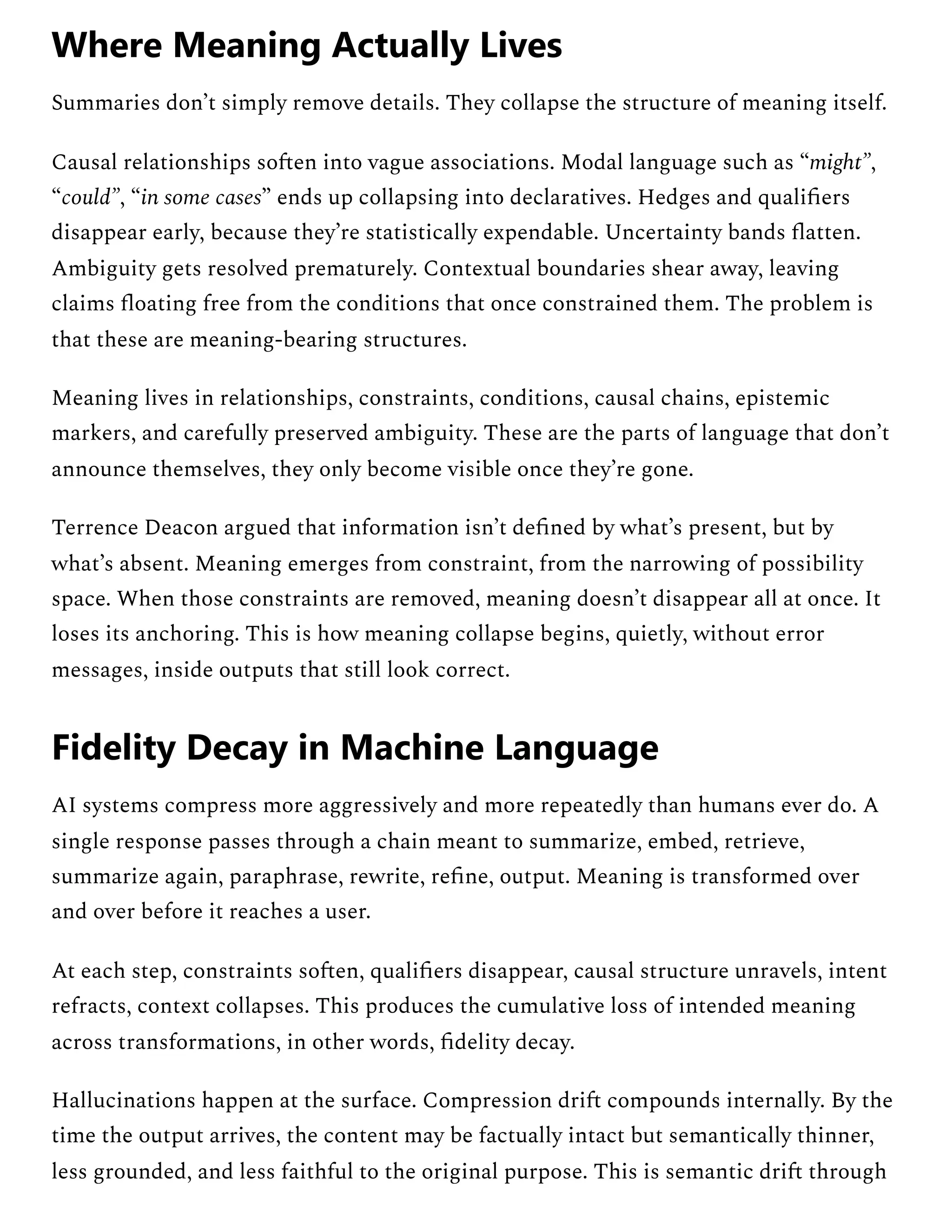 The Compression Paradox: Why Meaning Breaks Before AI Hallucinates | PDF