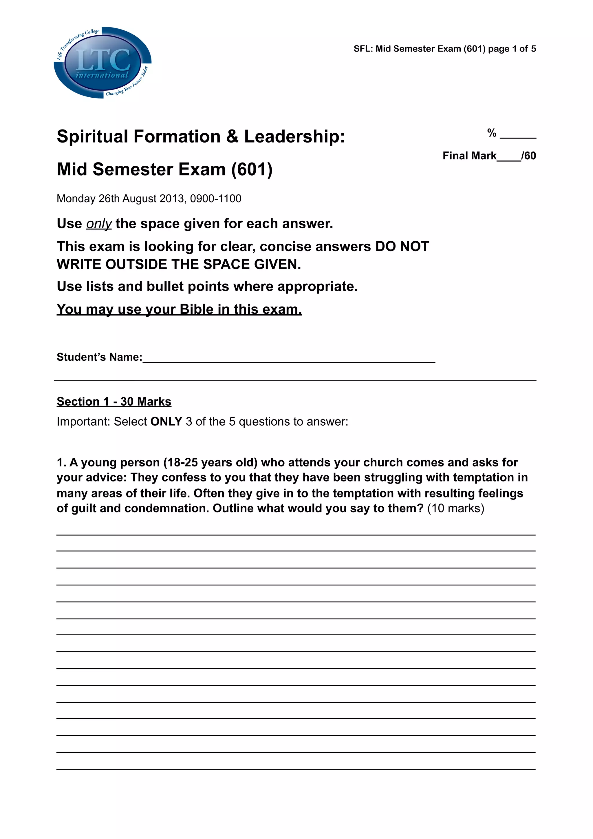 601 Spiritual Formation and Leadership: Mid-semester exam student ...