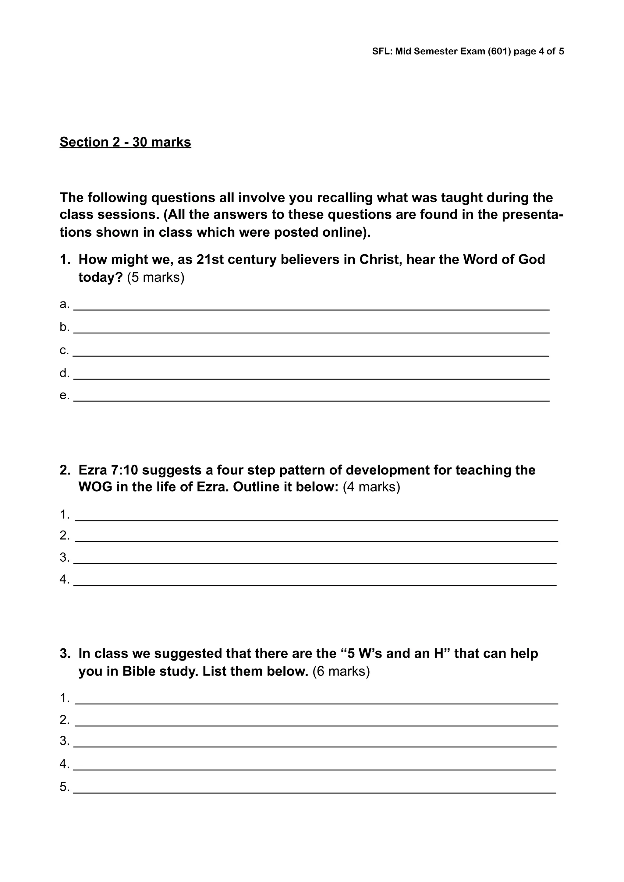 601 Spiritual Formation and Leadership: Mid-semester exam student ...