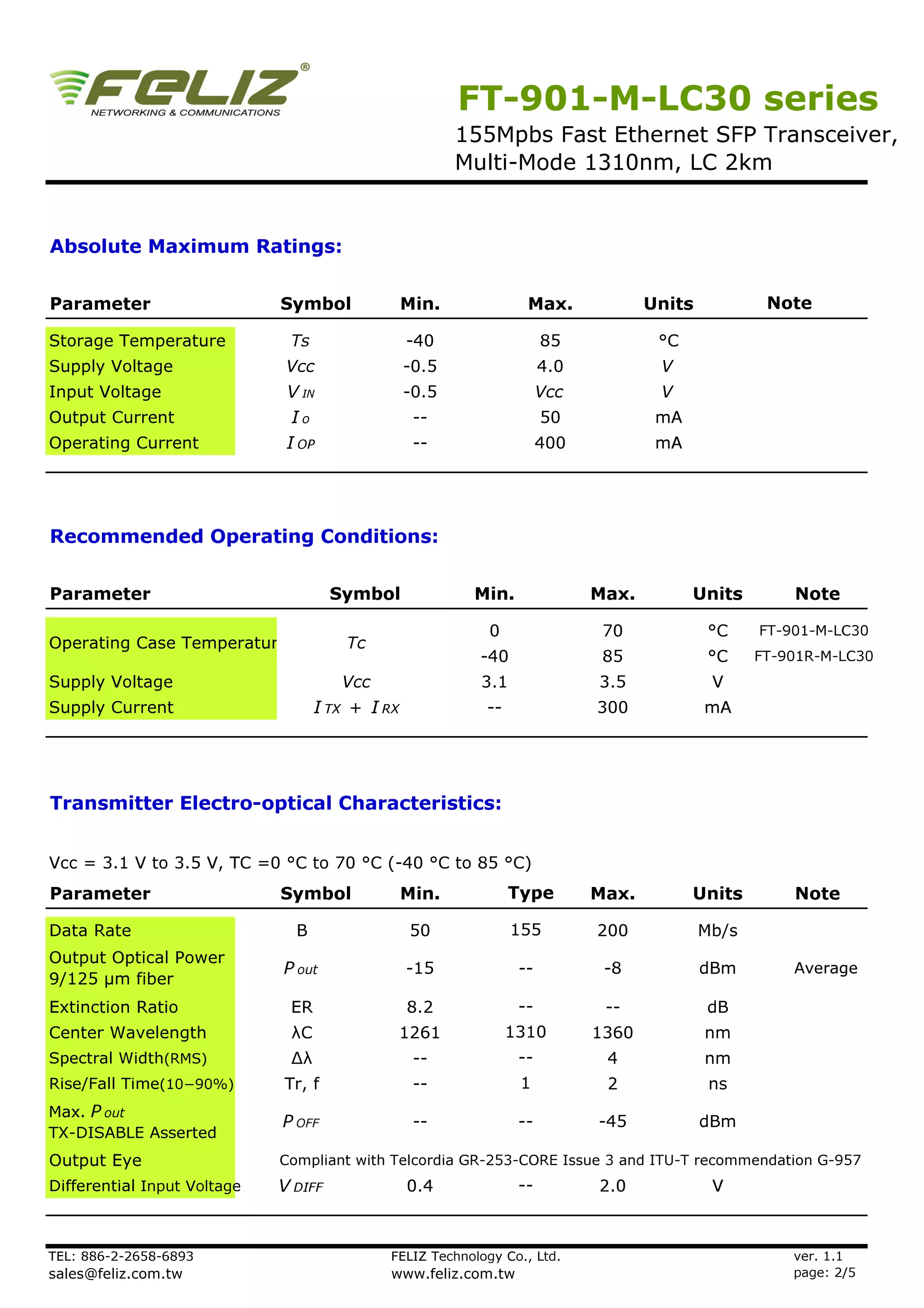 Sfp(ft 901-m-lc30) data-sheet_ver_1.1 | PDF