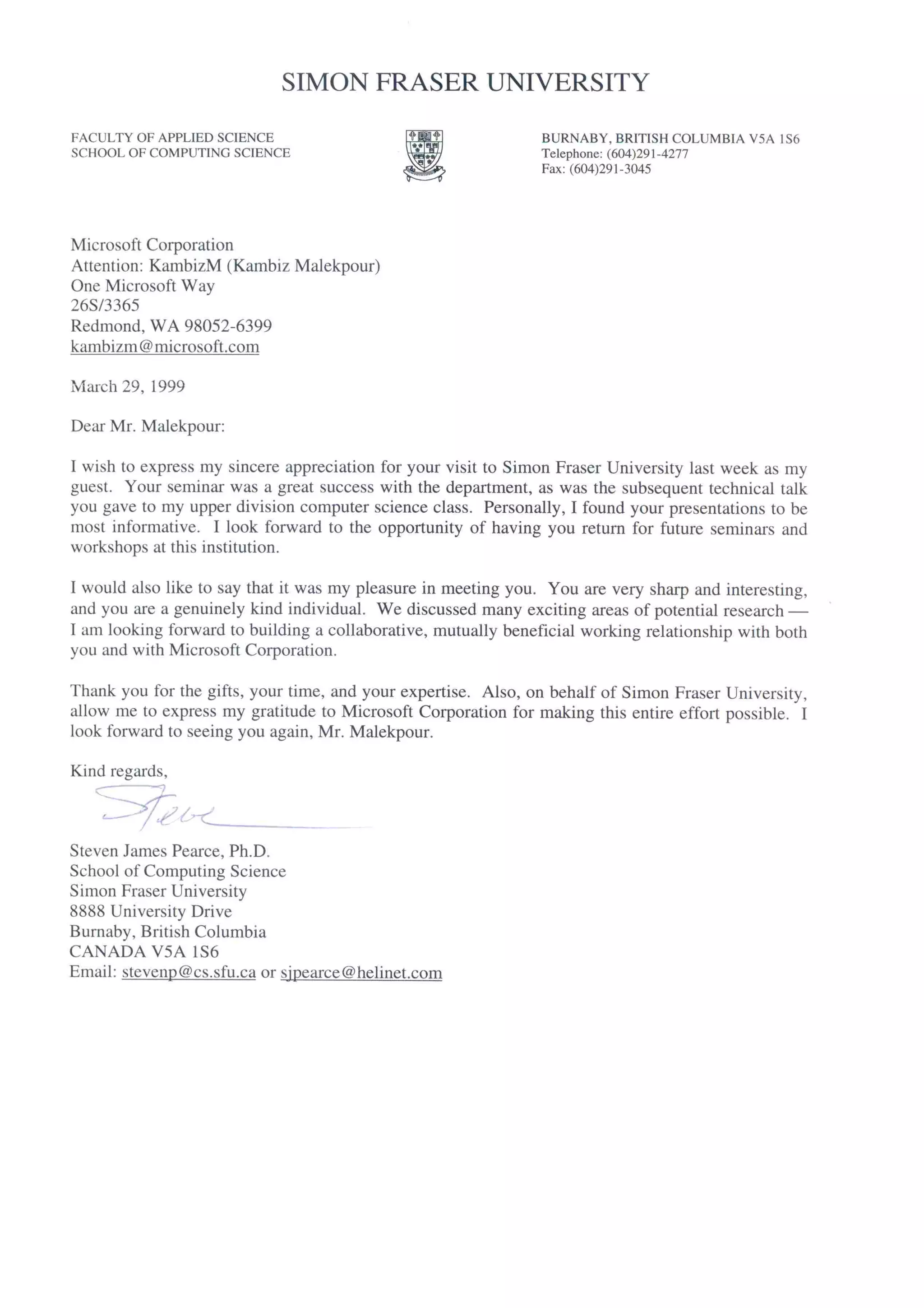 Simon Fraser University Letter | PDF